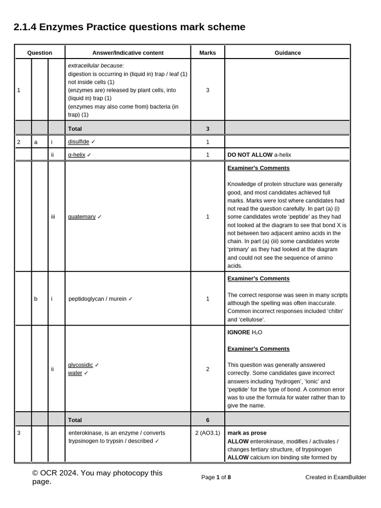 2.1.4 Enzyme Practice Questions MS | PDF