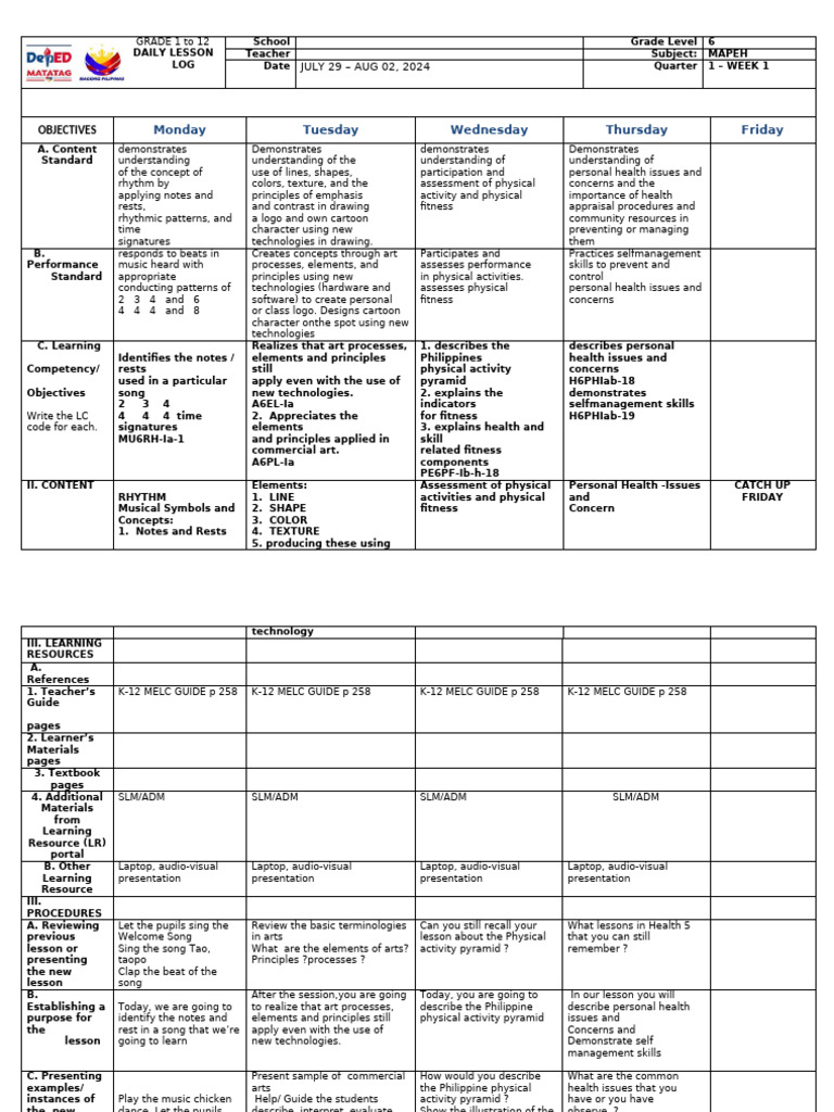 WEEK1 DLL MAPEH | PDF