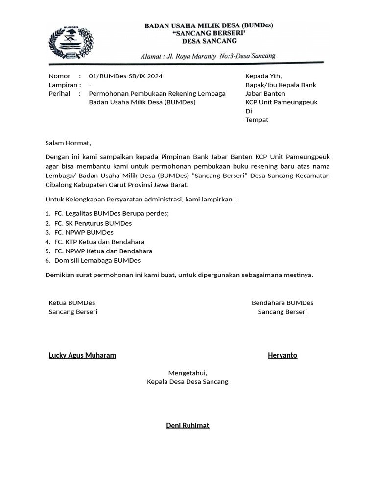 Surat Permohonan Pembukaan Rekening BUMDes 2024 | PDF