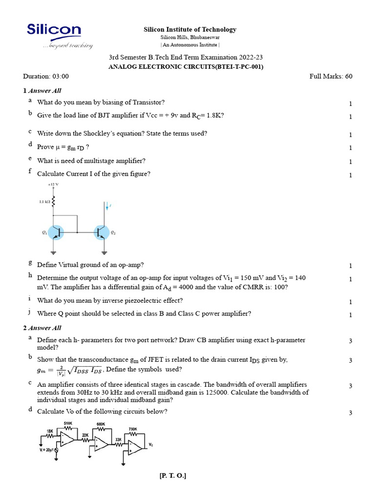 Analog Electronic Circuits (Btei-T-Pc-001) - End Term Exam - 2022-2023 | PDF