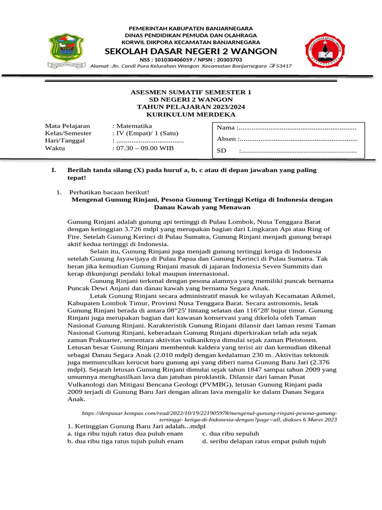 ASESMEN SUMATIF SEMESTER 1_MTK 4 | PDF