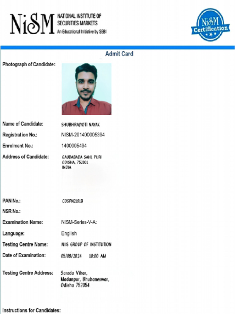 Page From Admit Card For NISM | PDF