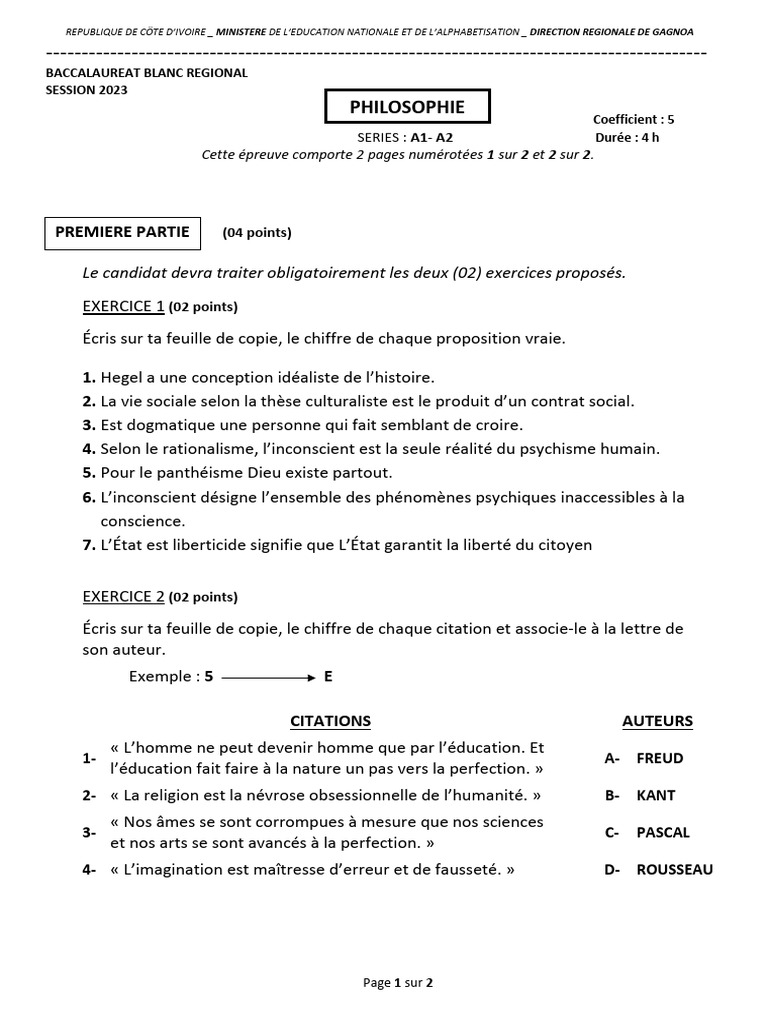 Philo. Bac. Blanc Rég. 2023 Séries A1-A2 | PDF