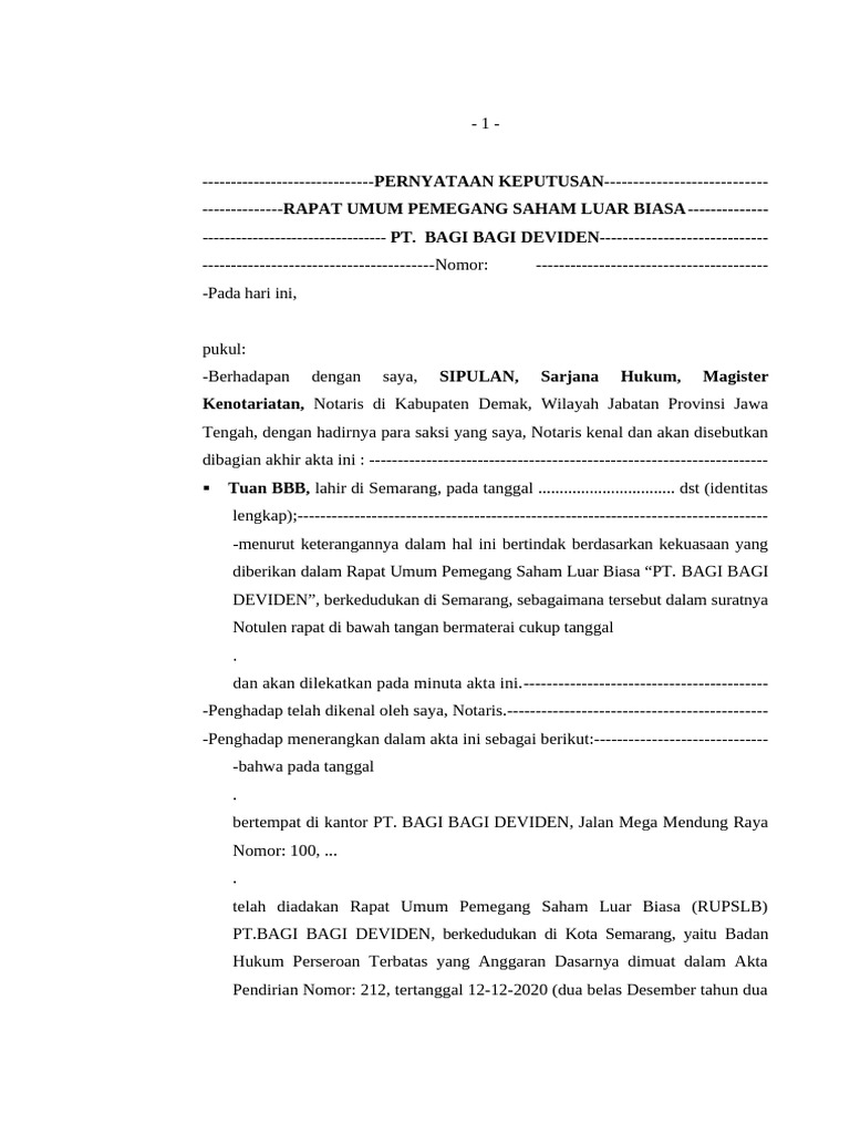 003 Draft Akta PKR Pt. Pembagian Deviden | PDF