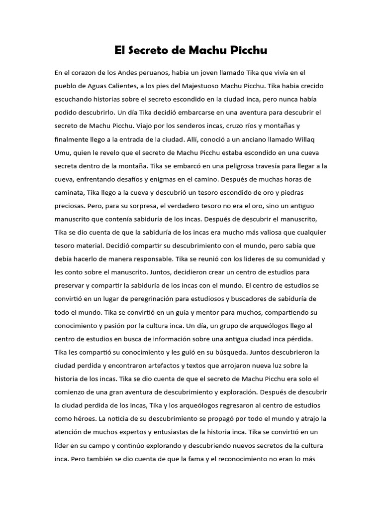 El Secreto de Machu Picchu Alumna Jazmin Salazar 1roJ | PDF