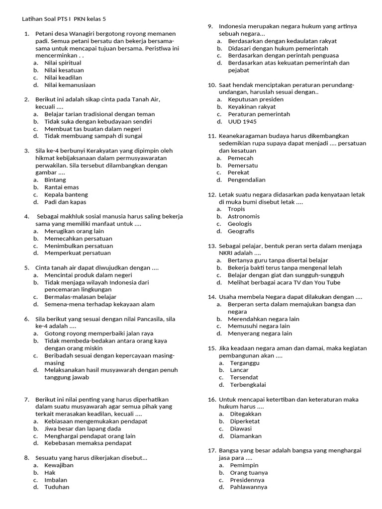 Latihan Soal PTS I PKN Kelas 5 | PDF