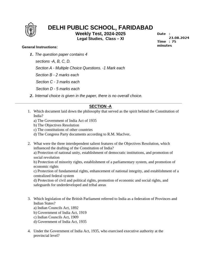 Class 11 Legal Studies Weekly Test 2024 | PDF | Public Law | Governance