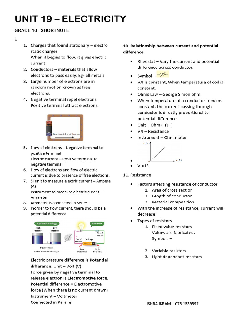Electricity - Short Note | PDF