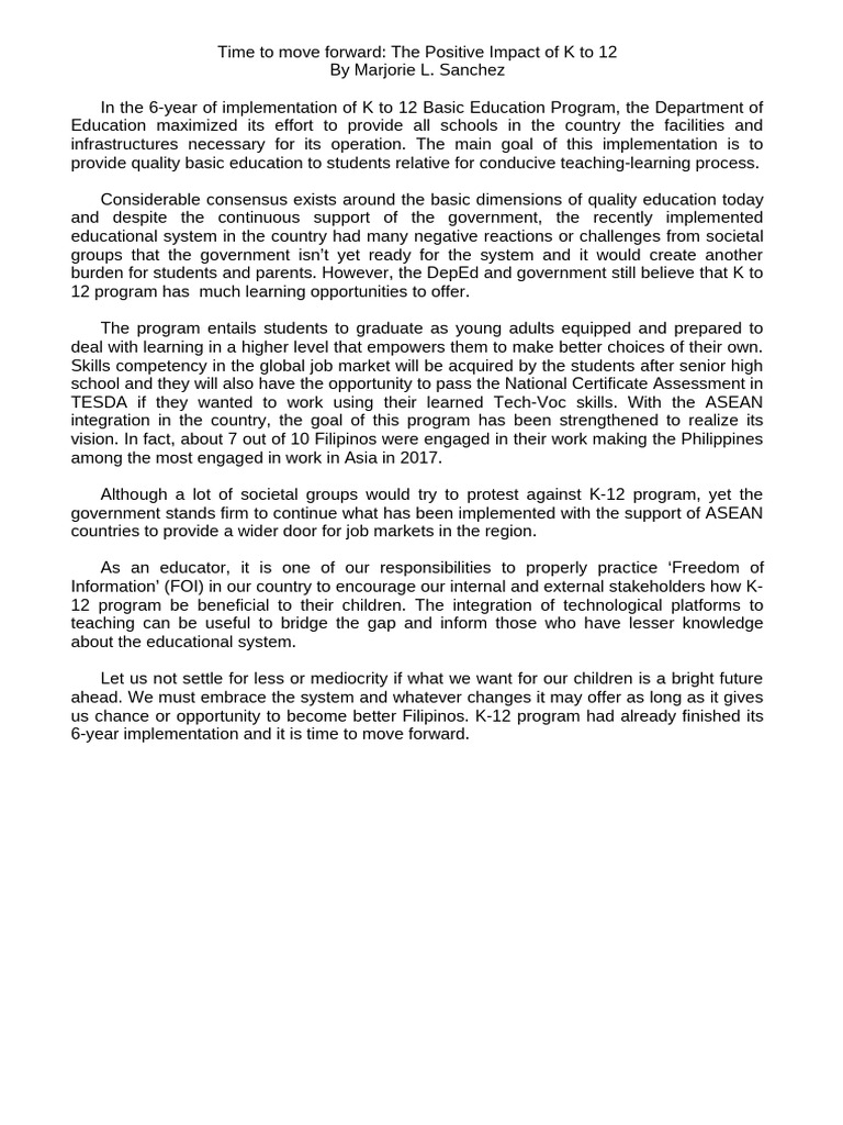 K to 12 Program: Moving Forward in Education | PDF