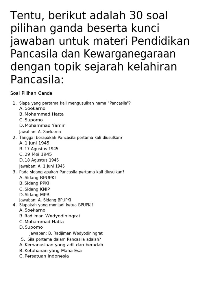 Tentu, Berikut Adalah 30 Soal Pilihan Ganda Beserta Kunci Jawaban Untuk Materi Pendidikan ...