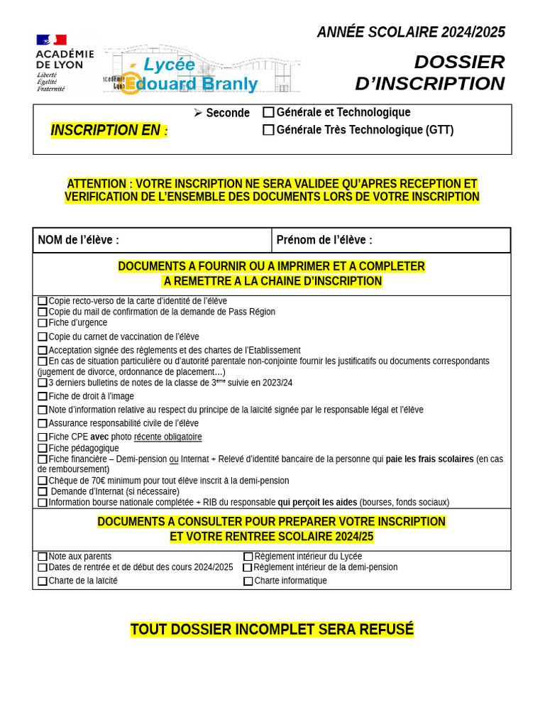 Dossier D Inscription en 2nde GT Et GTT | PDF