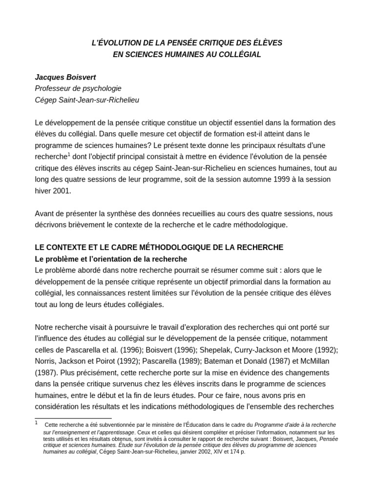 Article-Boisvert - Pensée Critique Chez Les Élèves | PDF