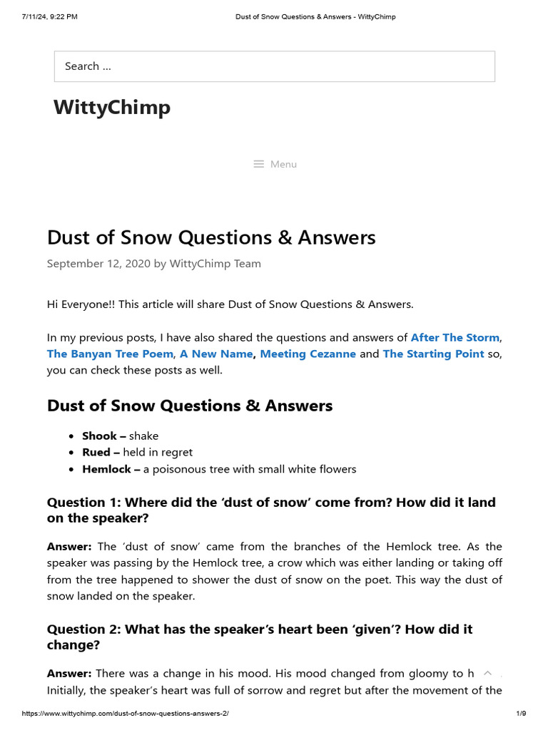 Dust of Snow Questions & Answers - WittyChimp | PDF