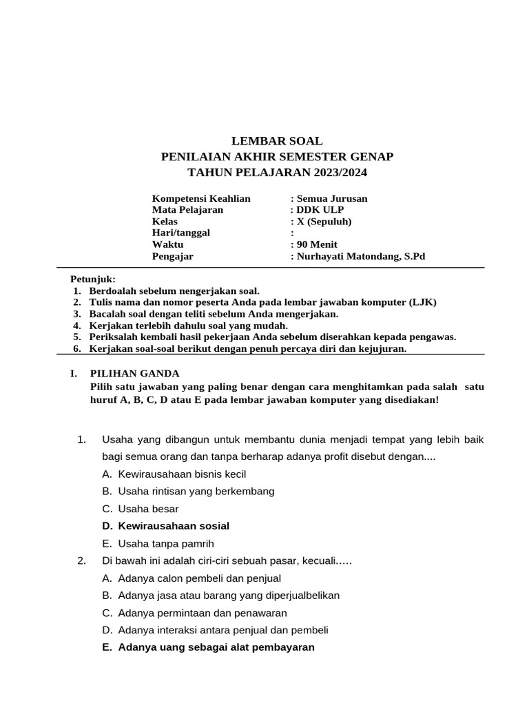 Soal Uas DDK - X GNP24 | PDF