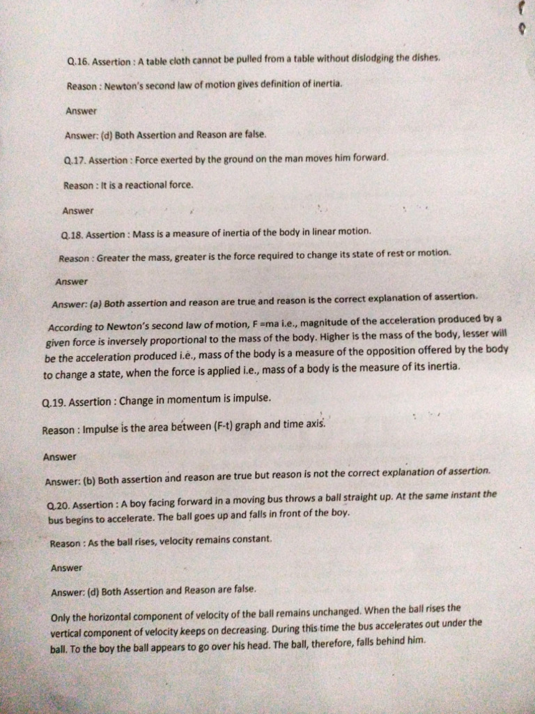 Assertion Reason Force and Pressure Class 8 | PDF