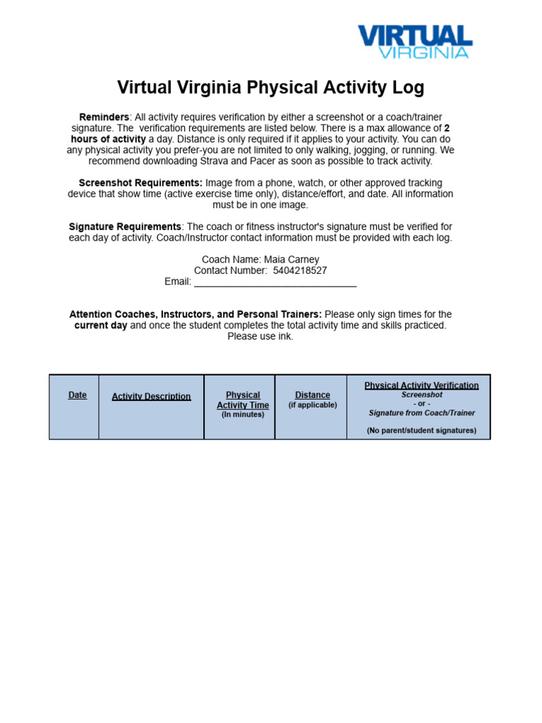 Copy of Virtual Virginia Physical Activity Log 2024 | PDF