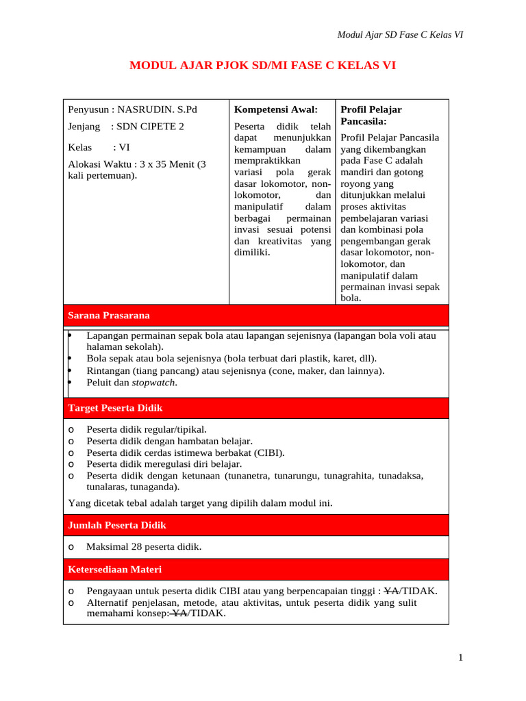01 Pjok Modul Ajar Fase C Kelas 6 Sepak Bola | PDF