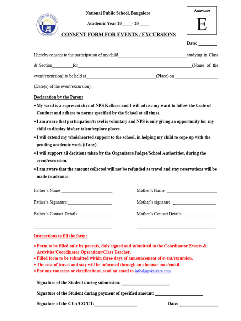 Consent Form For Event and Excursion | PDF