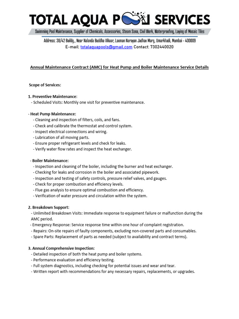 AMC Details For HeaT Pump and Boiler Maintenance | PDF