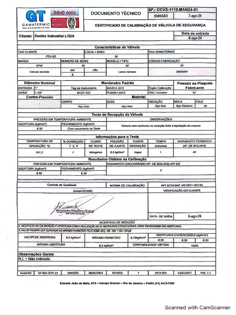 Certificado de calibração PSV | PDF