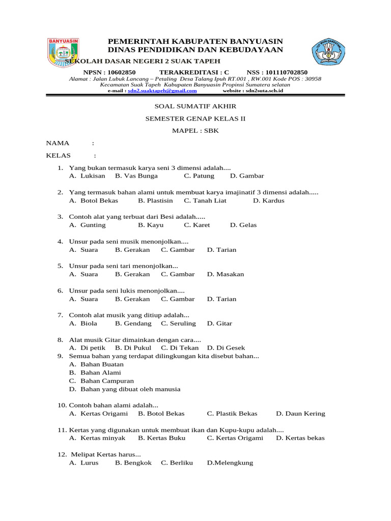 Soal Ujian SBK KELAS 2 SEMESTER GENAP | PDF
