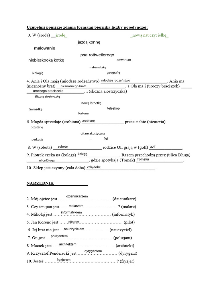 Biernik I Narzędnik - Ćwiczenia | PDF