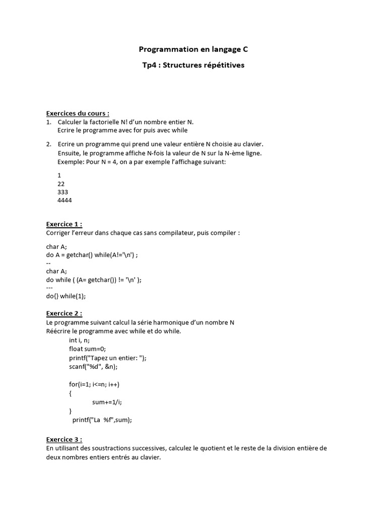Programmation en Langage C Tp4: Structures Répétitives: Exercices Du Cours | PDF