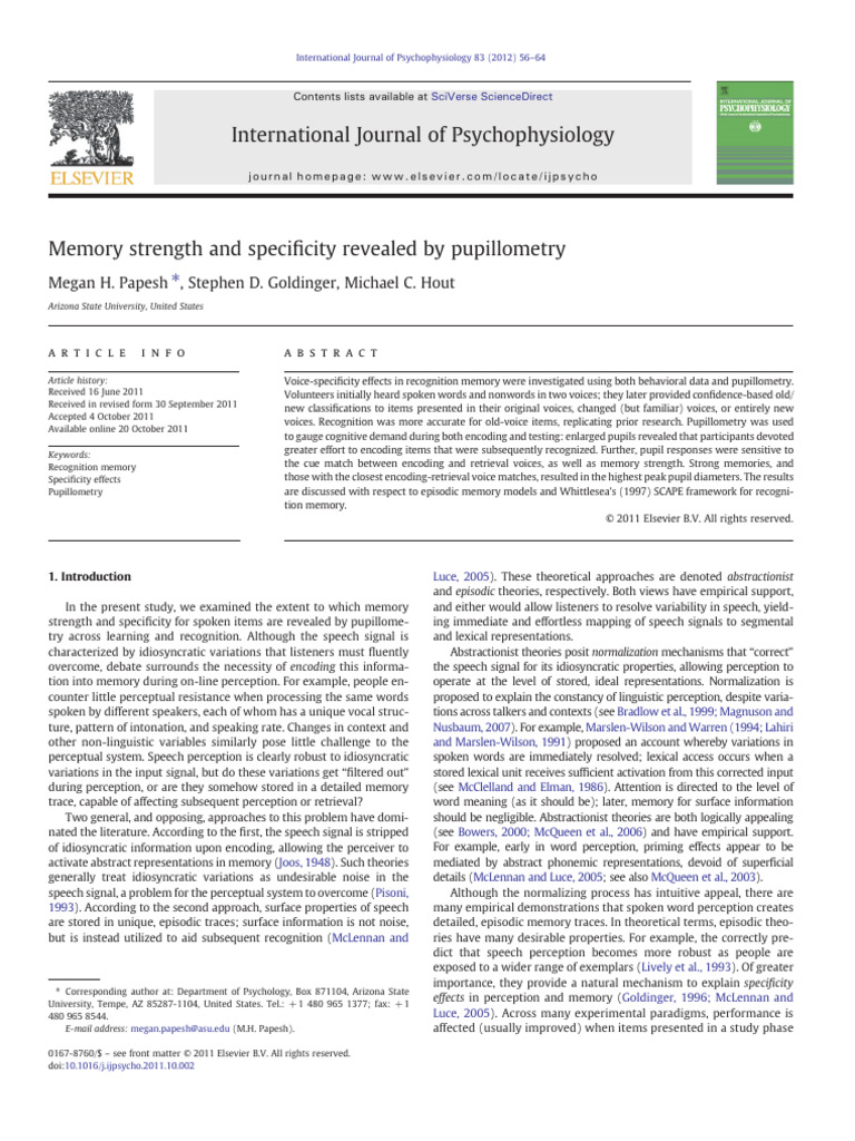 Memory Strength and Specificity Revealed by Pupillometry | PDF