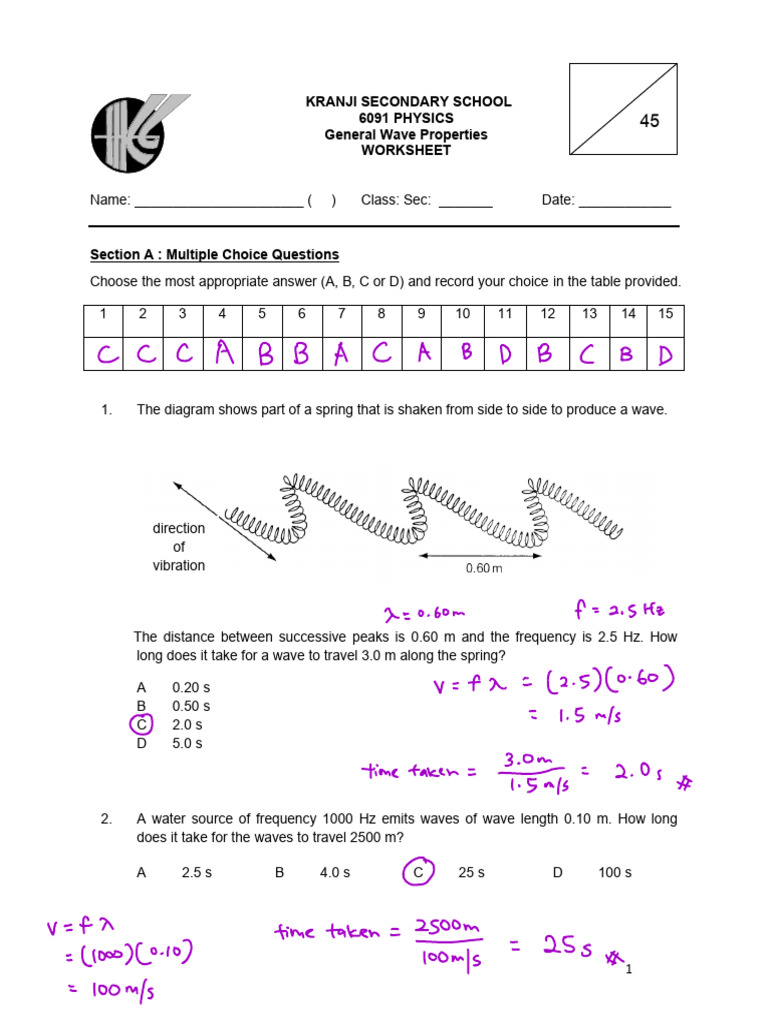 10 - General Wave Properties - 6091 - Worksheet Ans | PDF | Waves ...