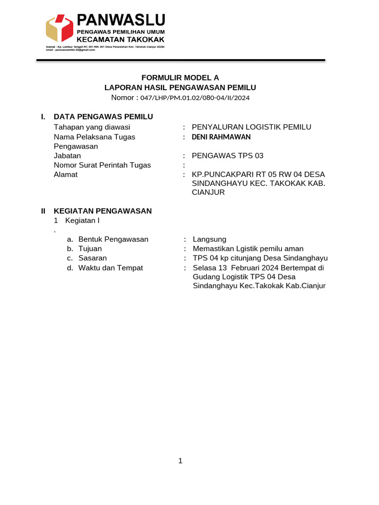 Contoh LHP PENGAWASAN LOGISTIK PEMILU PTPS | PDF