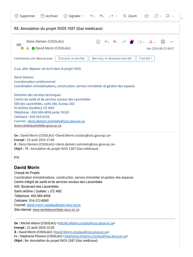 RE - Annulation Du Projet ISIOS 1587 (Gaz Médicaux) - David Morin ...