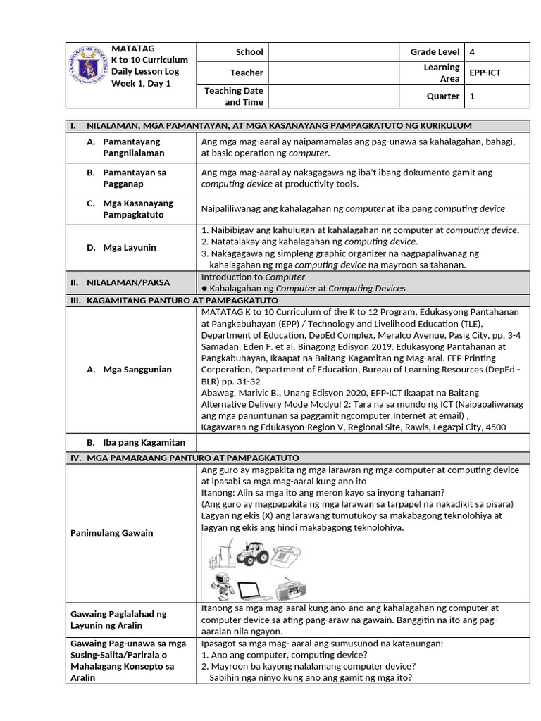 DLL Matatag EPP-ICT - 4 - Q1 - W1 - Day 1 | PDF