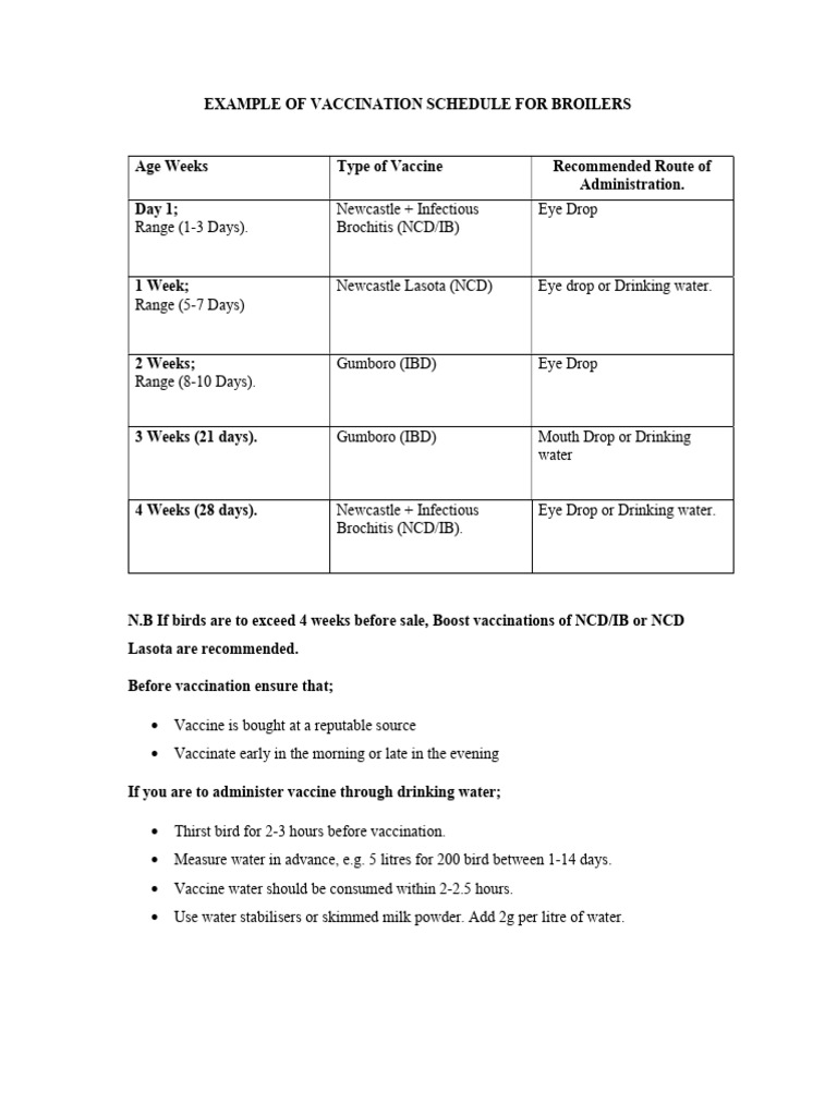 Broiler Vaccination Schedule | PDF | Wellness