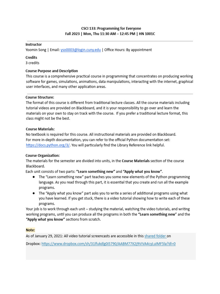 F23 Syllabus CSCI 133 Programming For Everyone Sec04 | PDF