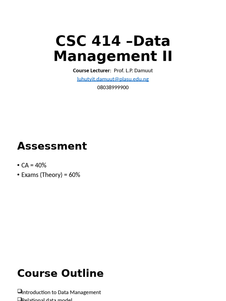 CSC 414 - Data Management Lecture Notes-1 | PDF CSC 414 - Data Management Lecture Notes-1 | PDF