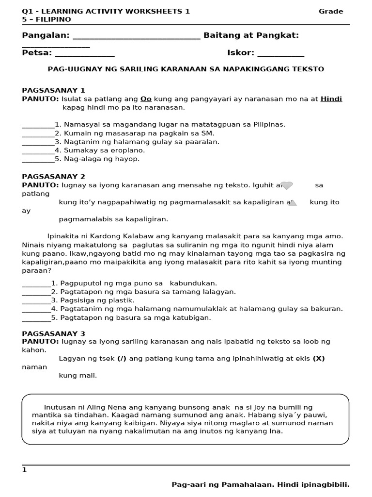 Grade 5 Filipino Learning Activities | PDF | Home & Garden