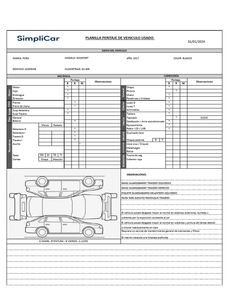 PLANILLA PERITAJE DE VEHICULO USADO AC005MB - XLSX Hoja1 | PDF