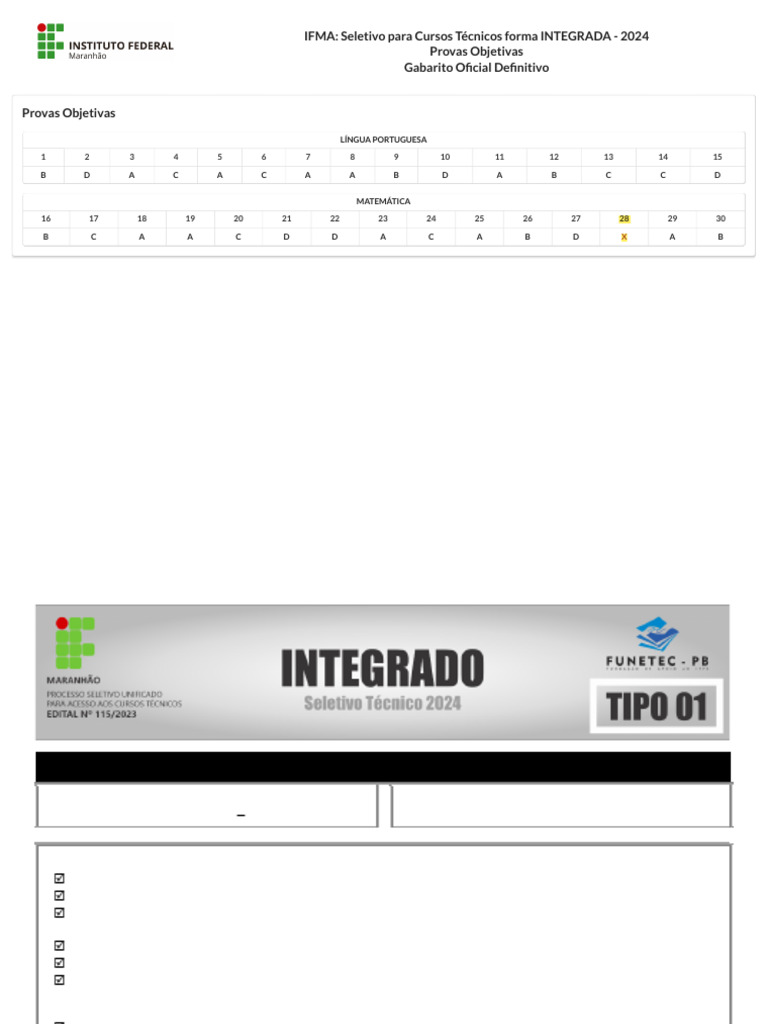 GABARITO E PROVA 2024 IFMA IFMA Integrado | PDF