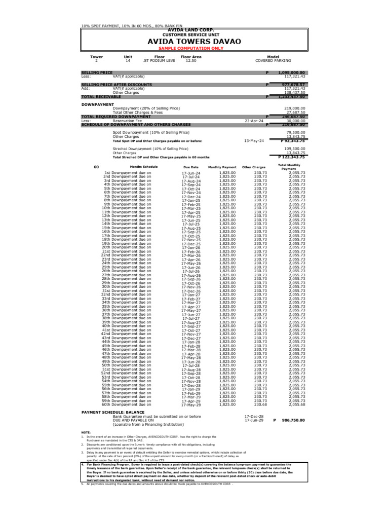 Avida Towers Davao Payment Schedule | PDF | Banks | Payments