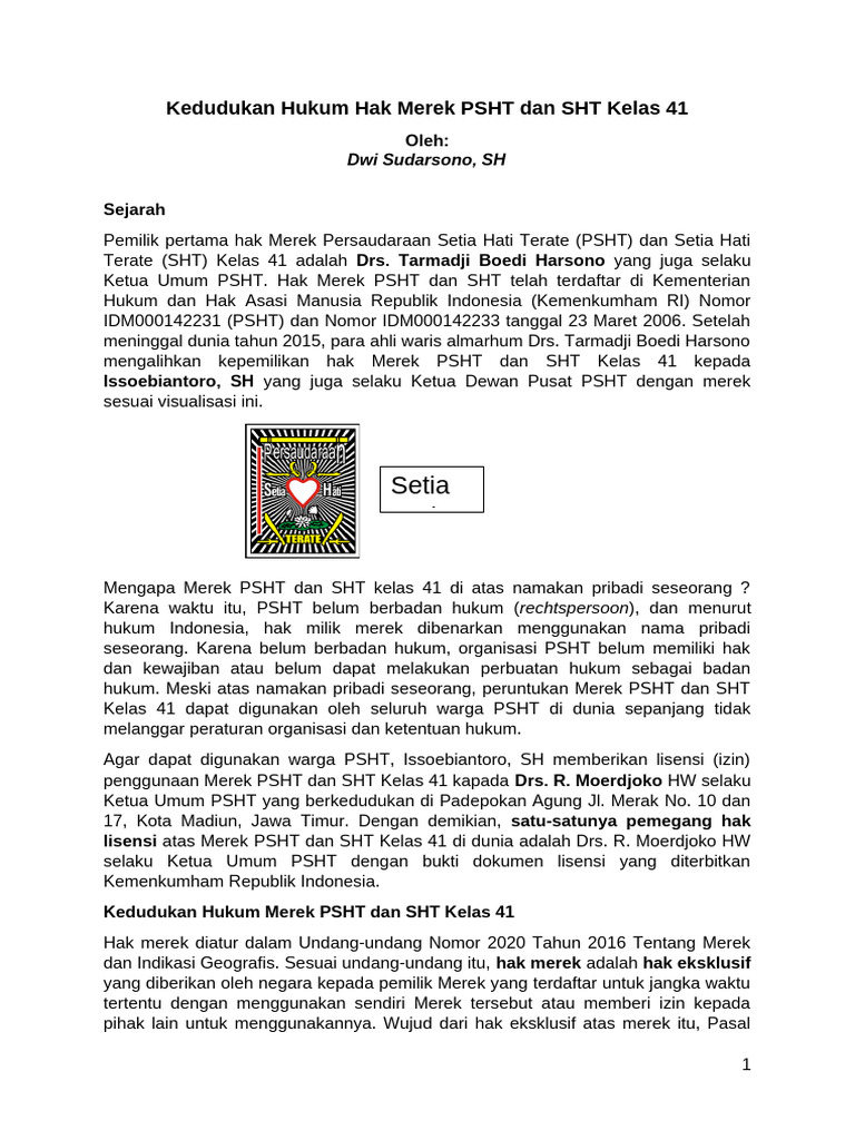 Kedudukan Hukum Hak Merek PSHT Dan SHT Kelas 41 | PDF