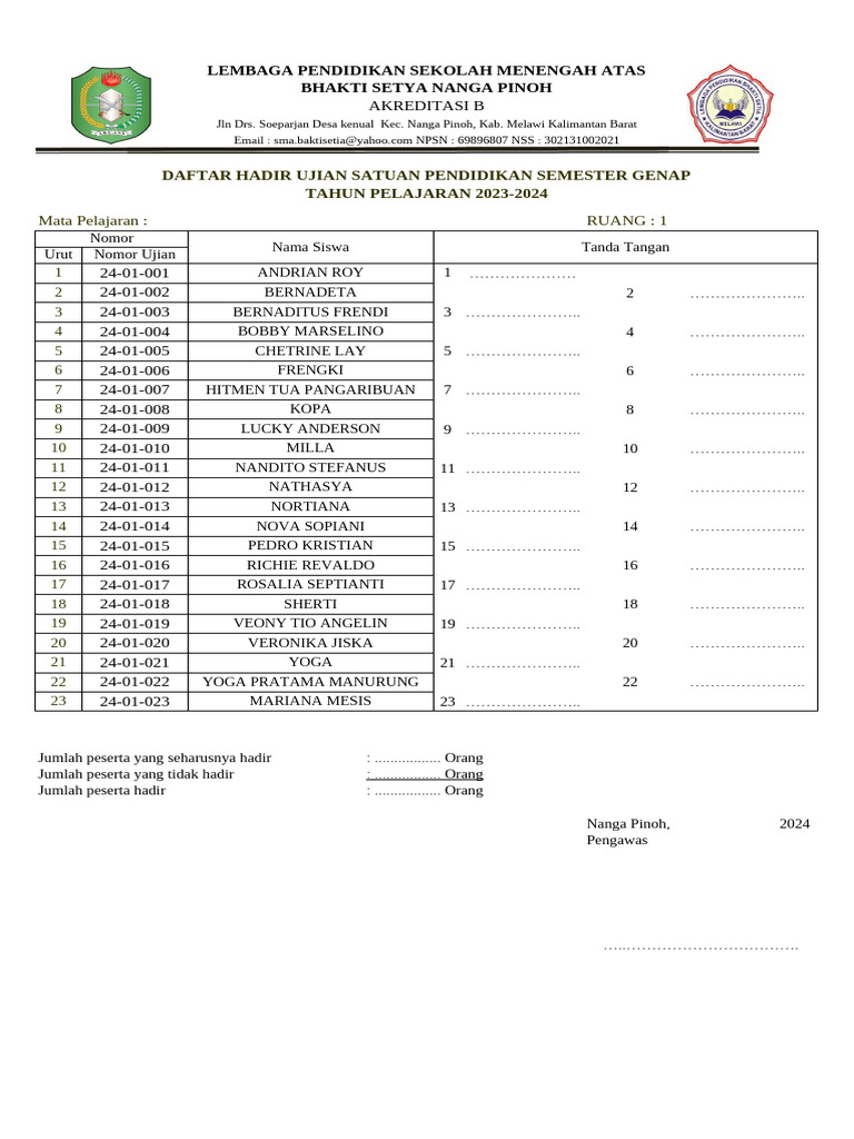 Absensi Kehadiran Usp Genap - Bhakti Setia 2024 | PDF