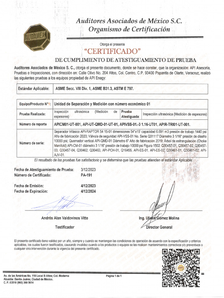 1c. - Certificado Sep API-RAPTOR-5415-01 | PDF