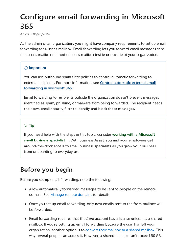 Configure Email Forwarding - Microsoft 365 Admin | PDF
