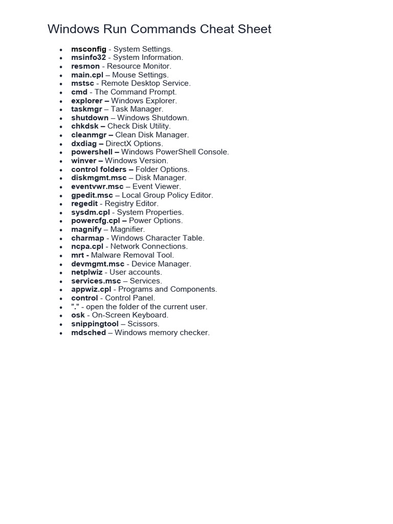 Windows Run Command Cheat Sheet | PDF