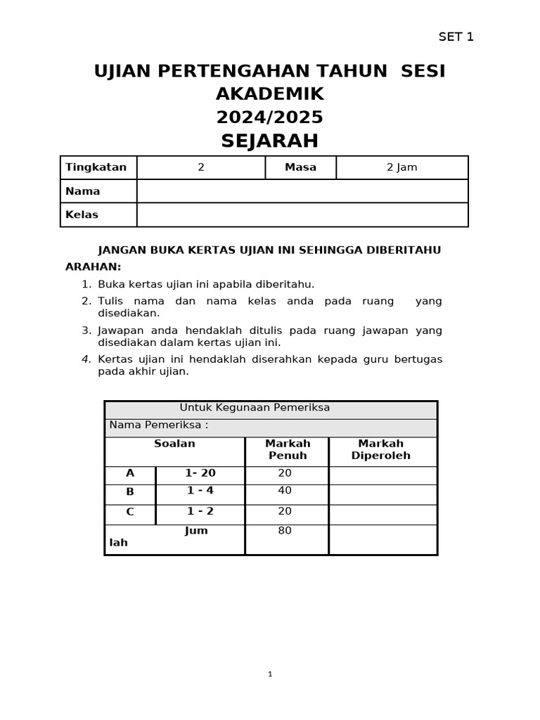 TP2663 - 2 Set Ujian Pertengahan Sesi Akademik Sejarah Tingkatan 2 Upsa 2024-20253 | PDF