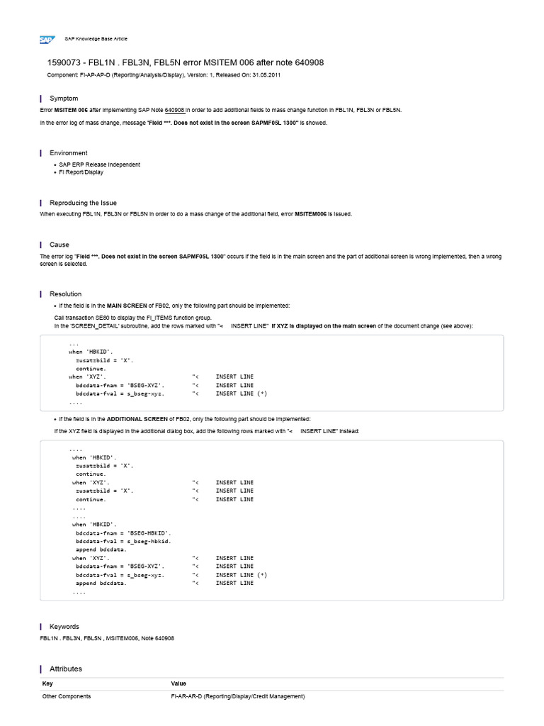 FBL1N - FBL3N, FBL5N Error MSITEM 006 After Note 640908 | PDF