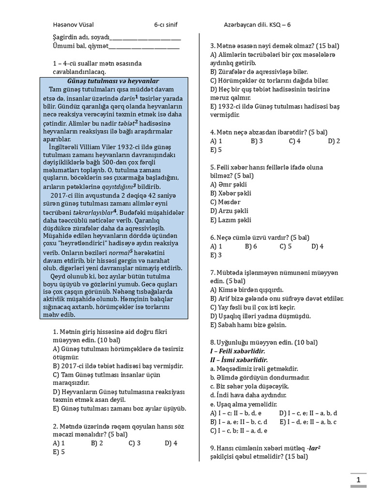 Azərbaycan Dili (6-Cı Sinif. KSQ - 6) | PDF
