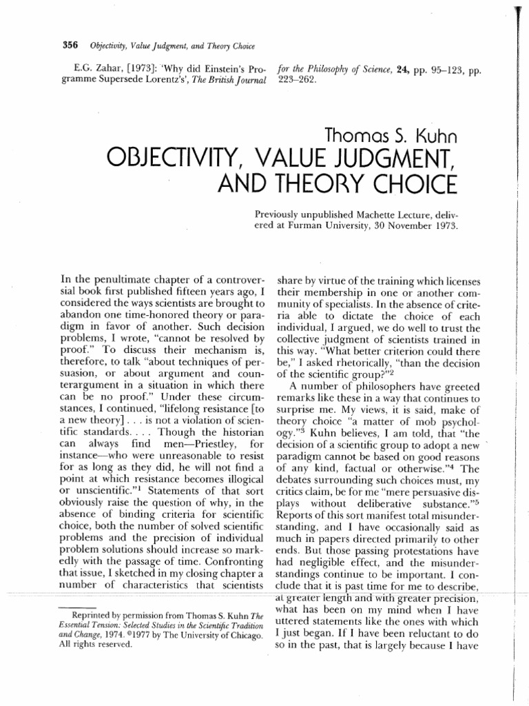 Kuhn Objectivity Value Judgment and Theory Choice 1 | PDF