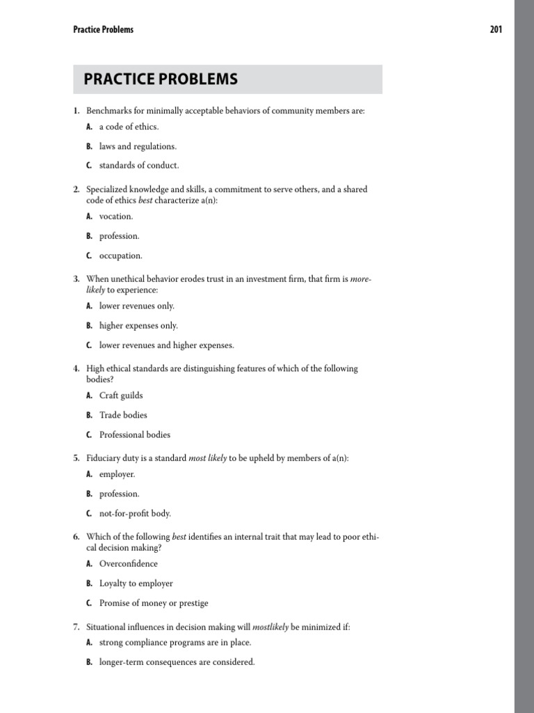 CFA1 - ETHICS - 2024 - M1 - Curriculum Practice Questions | PDF | Decision Making | Profession