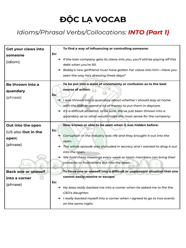 (ĐLV) 50 Idioms - Phrasal Verbs - Collocations That Contain - INTO - (Part 1) | PDF